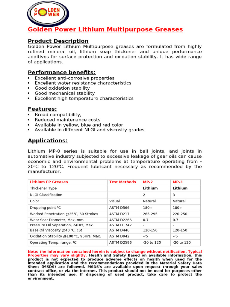 Golden Power Lithium Multipurpose Greases | PDF | Materials | Lubrication