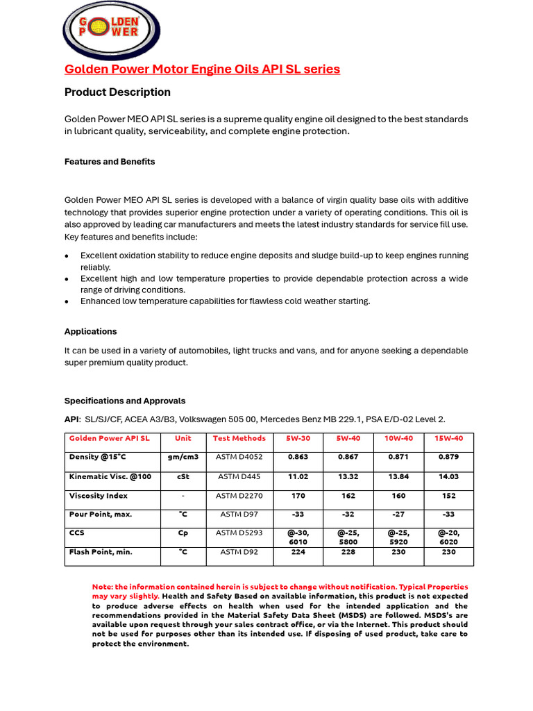 Golden Power Motor Engine Oils API SL series | PDF | Motor Oil