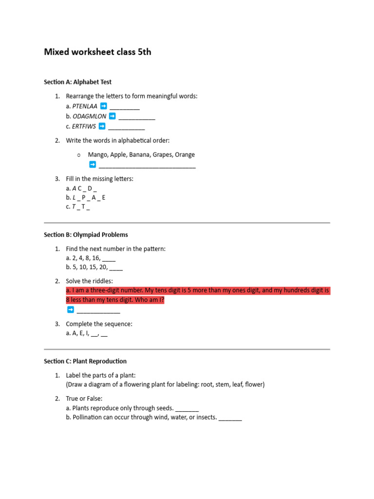 Mixed Worksheet Class 5th | PDF