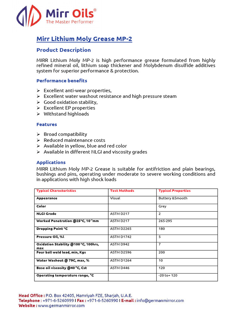 Mirr Lithium Moly MP-2 PDS | PDF