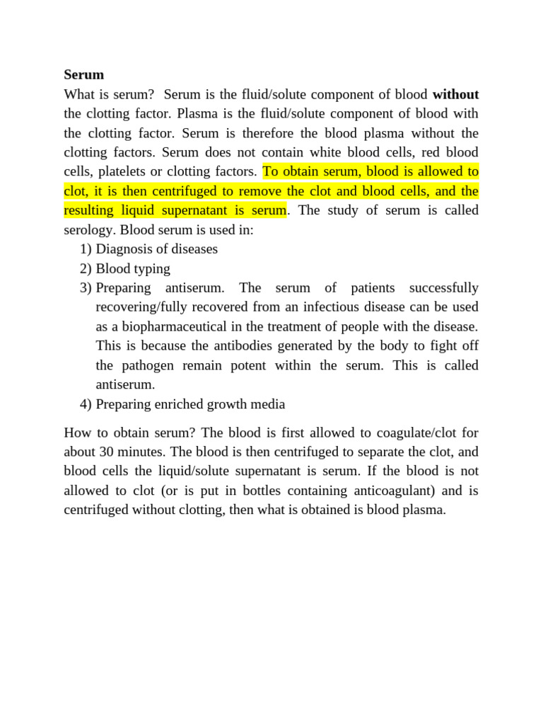 Understanding Blood Serum and Its Uses | PDF