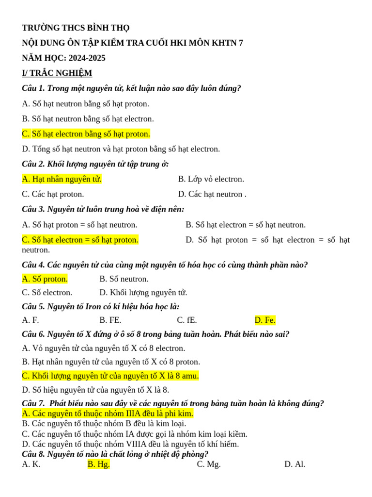 24-25 KHTN7 ÔN THI HKI | PDF