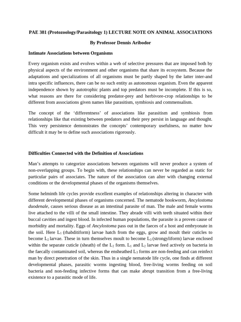 Animal Associations in Protozoology | PDF | Parasitism | Biology