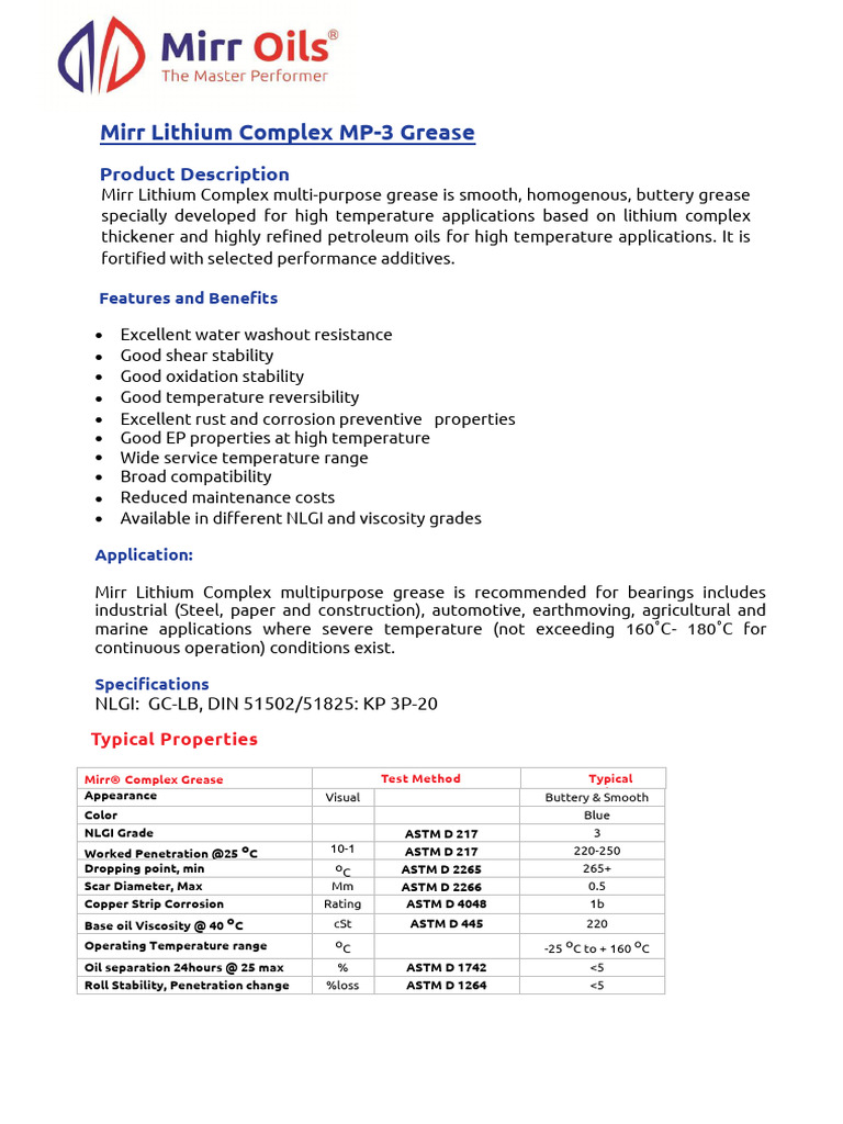 Mirr Lithium Complex MP-3 Grease Overview | PDF | Materials | Chemical ...