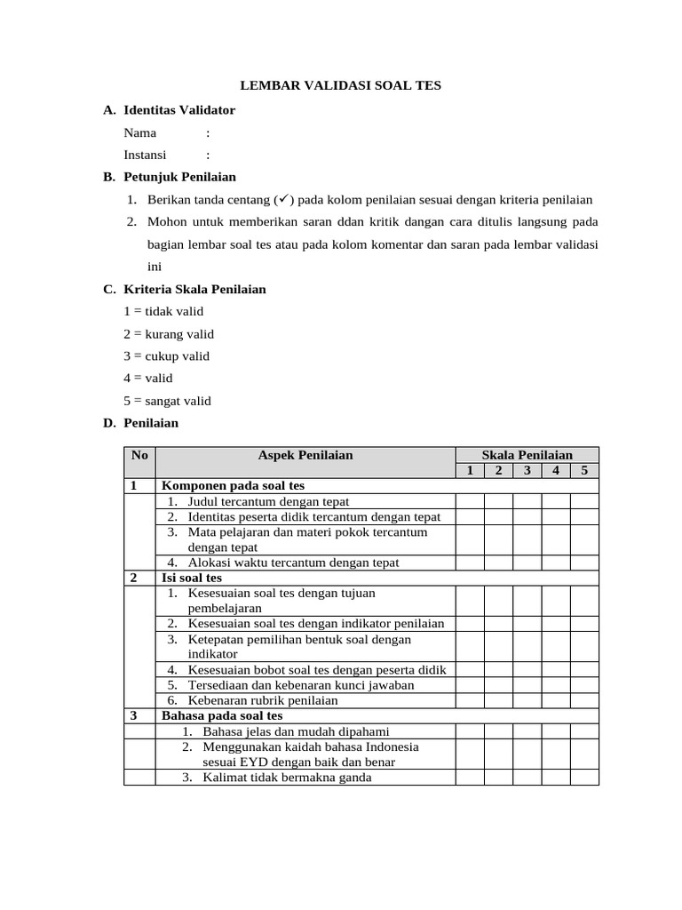 Lembar Validasi Soal | PDF