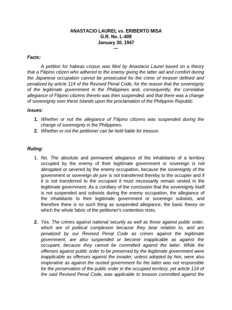 ANASTACIO LAUREL vs. ERIBERTO MISA | PDF | Sovereignty | Treason