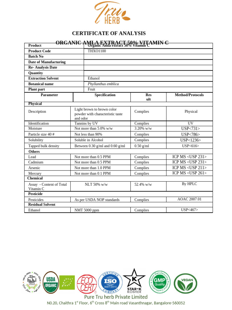 US - Organic Amla Extract 50% - COA | PDF | Ethanol | Chemistry