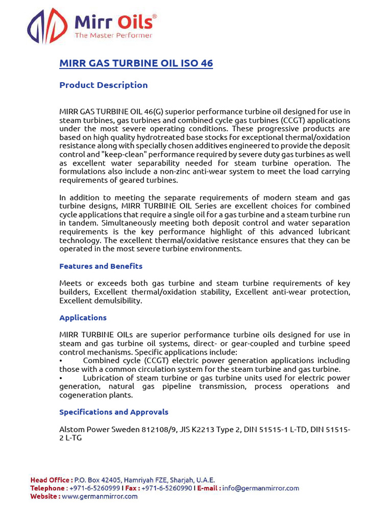 Mirr Gas Turbine Oil ISO 46 | PDF | Steam | Motor Oil