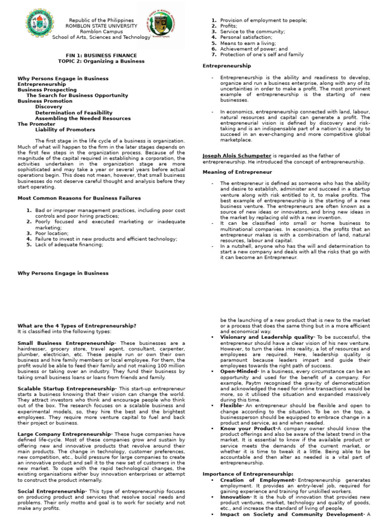 FIN1-Organizing A Business | PDF | Entrepreneurship | Startup Company