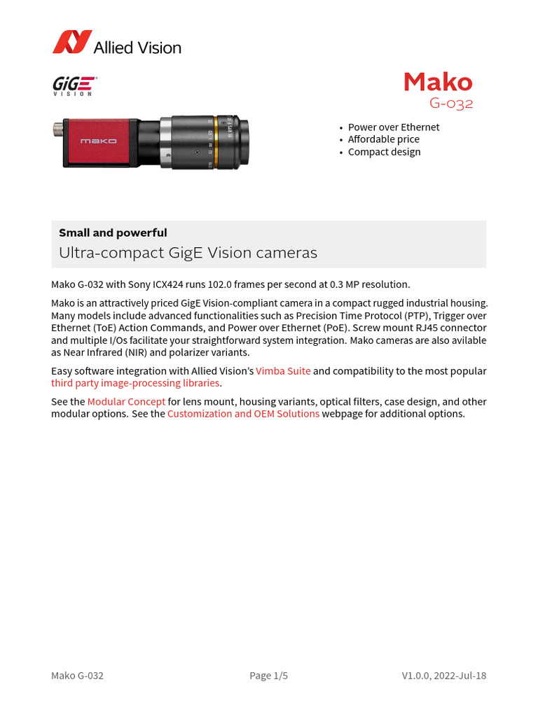 Allied Vision - Mako - G-032 - DataSheet - EN - V1.0.0 | PDF | Camera | Pixel