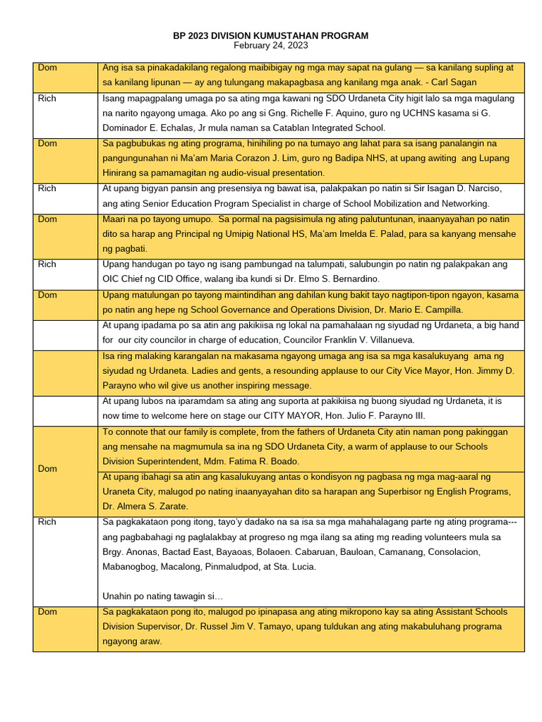 Hosting Script For BE 2022 KICKOFF PAGBASA | PDF