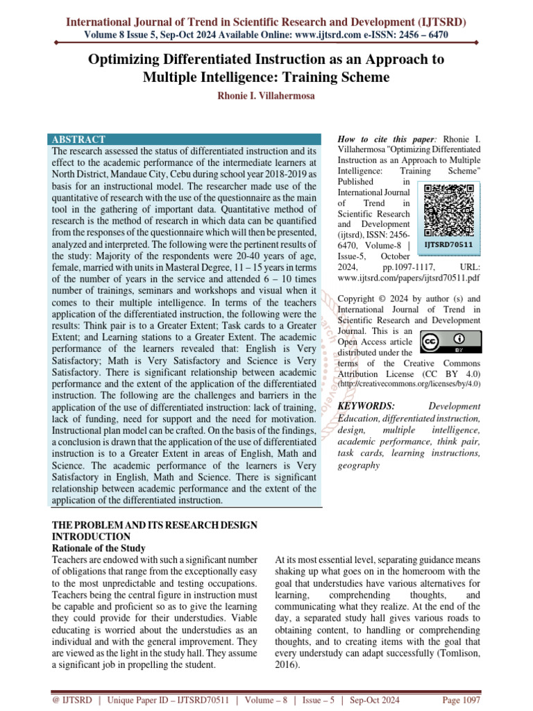 Optimizing Differentiated Instruction As An Approach To Multiple Intelligence Training Scheme ...