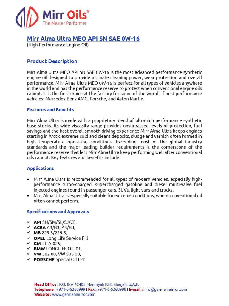Mirr Alma Ultra Meo API Sn Sae 0w-16 Pds | PDF | Motor Oil | Vehicles