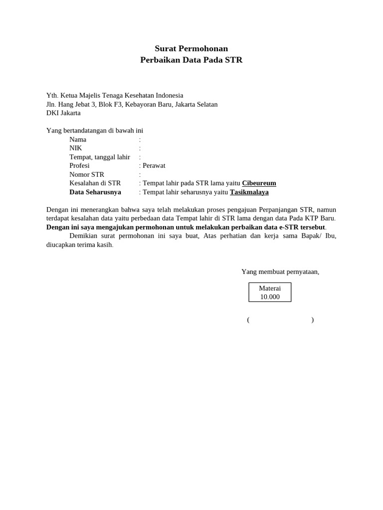 Surat Permohonan Perbaikan Data STR | PDF