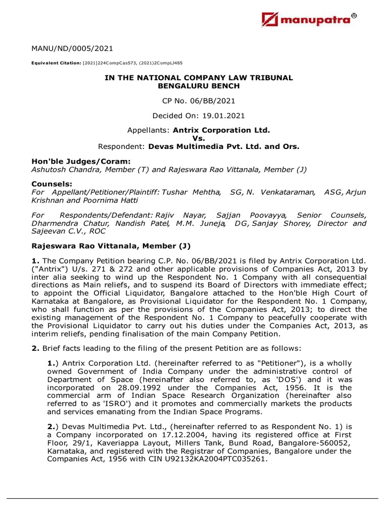 Antrix Corporation LTD Vs Devas Multimedia PVT ...