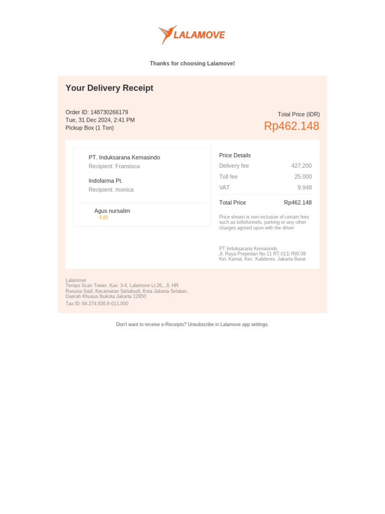 Lalamove Delivery Receipt - Order 148730266179 | PDF