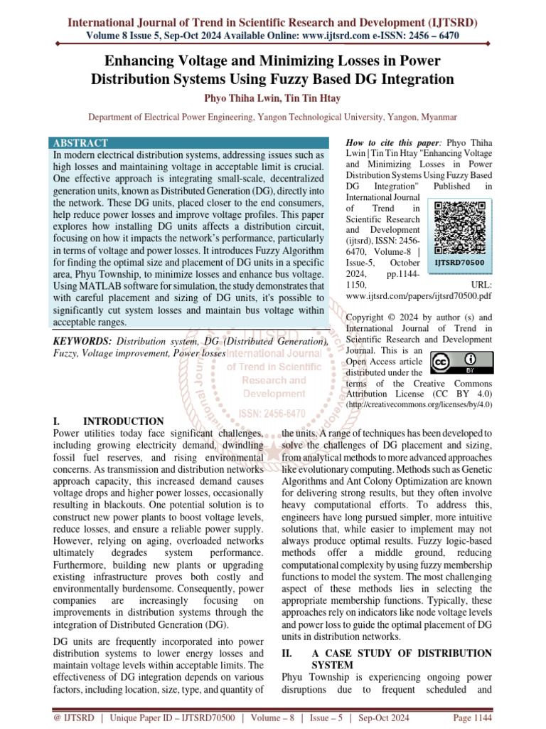 Enhancing Voltage And Minimizing Losses In Power Distribution Systems Using Fuzzy Based Dg