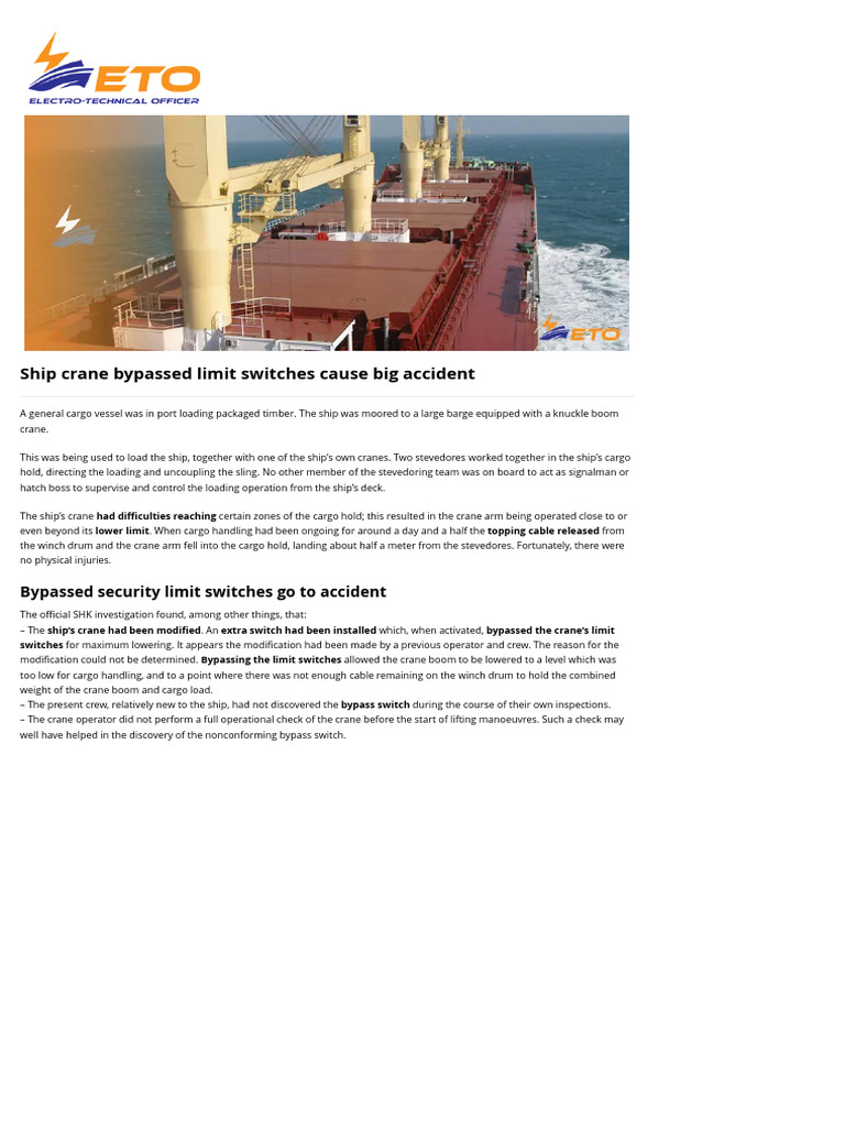 Ship crane bypassed limit switches cause big accident - Electro-technical Officer (ETO) | PDF