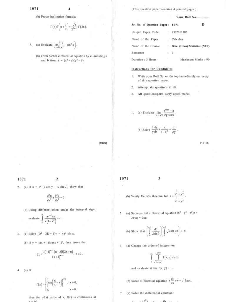 Question Paper Calculus 2022 | PDF | Subtraction | Differential Calculus