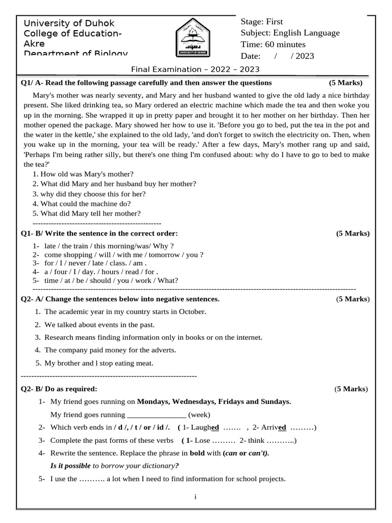 Final Exam- 1st sem -2 | PDF | Linguistic Morphology | Syntax
