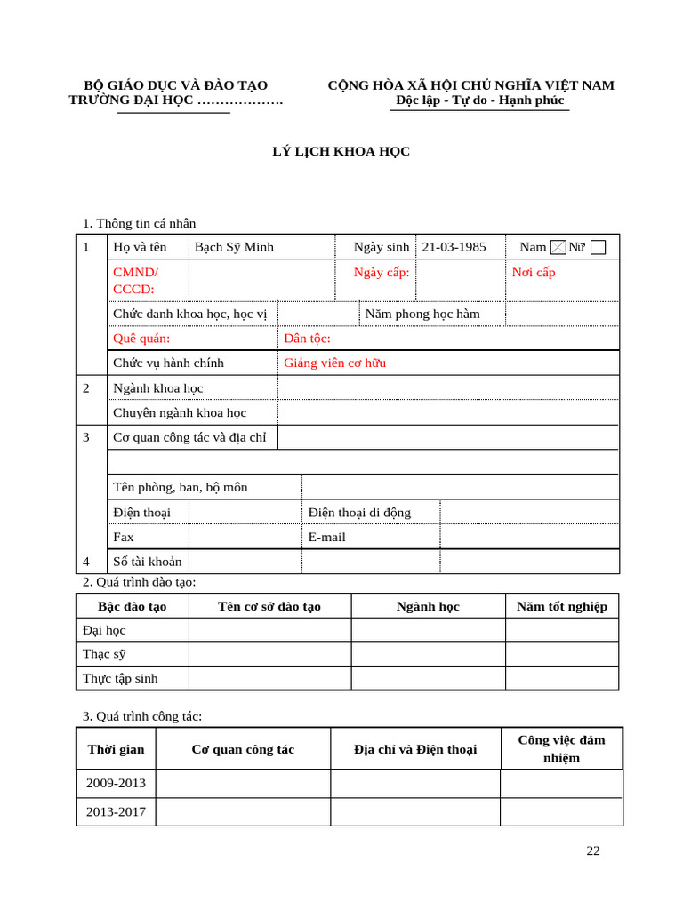 Biểu Mẫu Lý Lịch Khoa Học (LLKH) | PDF