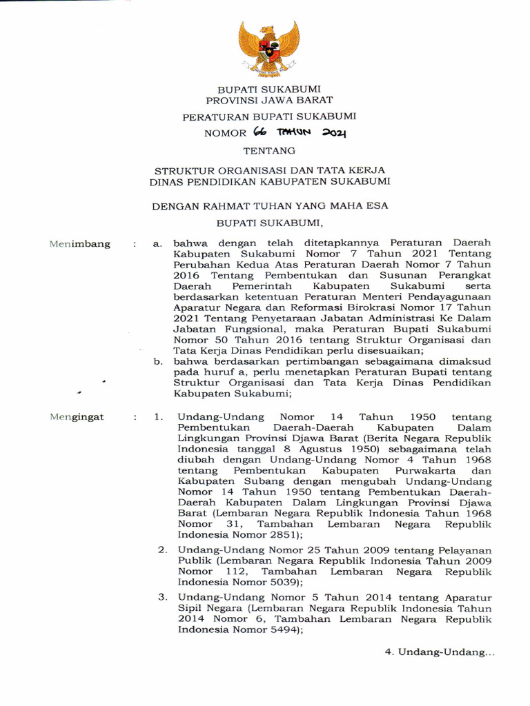 Perbup No 66 Tahun 2021 Sotk Disdik | PDF