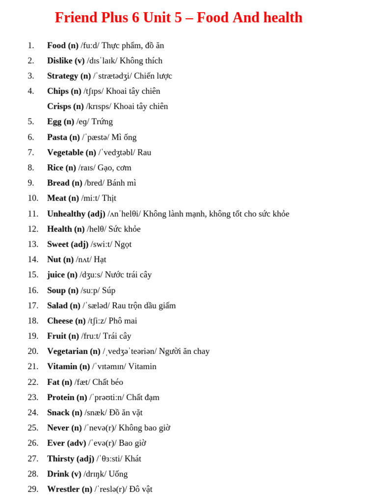 Vocabulary FP6 Unit 5 - Food and Health | PDF
