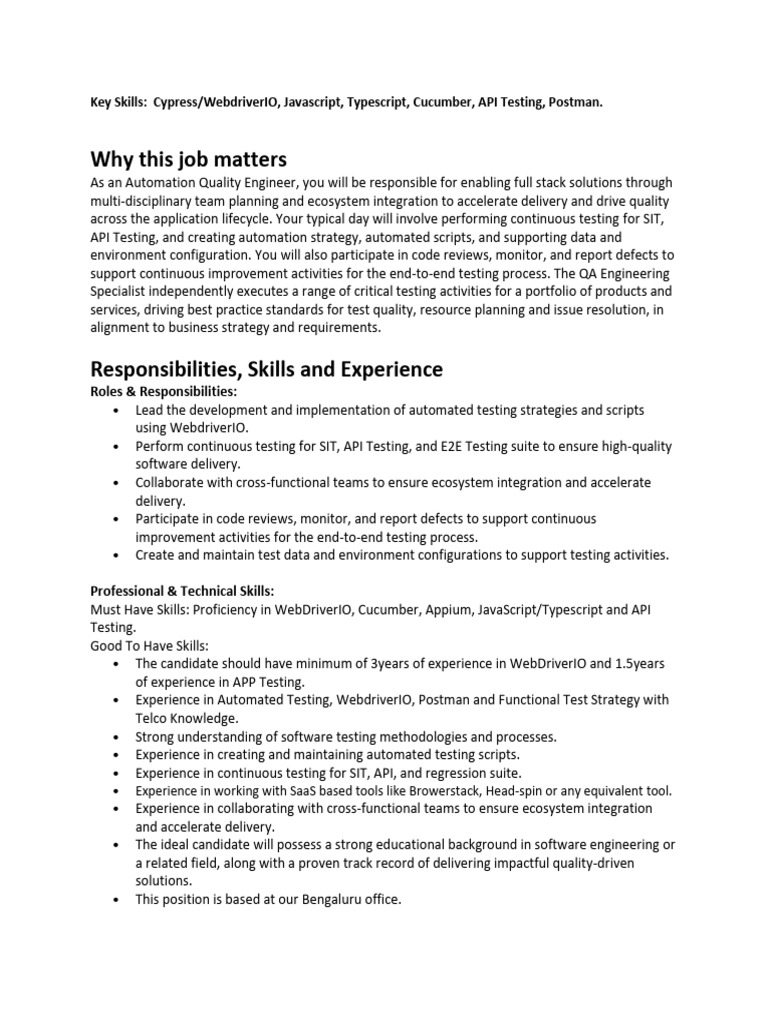 QA Automation JD | PDF | Computing | Software Industry
