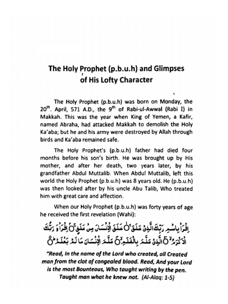 Chapter 2 - The Holy Prophet (P.B.U.H) and Glimpses of His Lofty ...