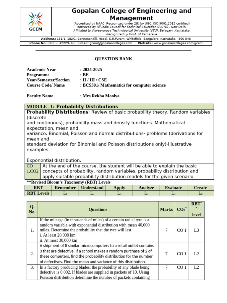 BCS301 Question Bank | PDF | Probability Distribution | Statistics