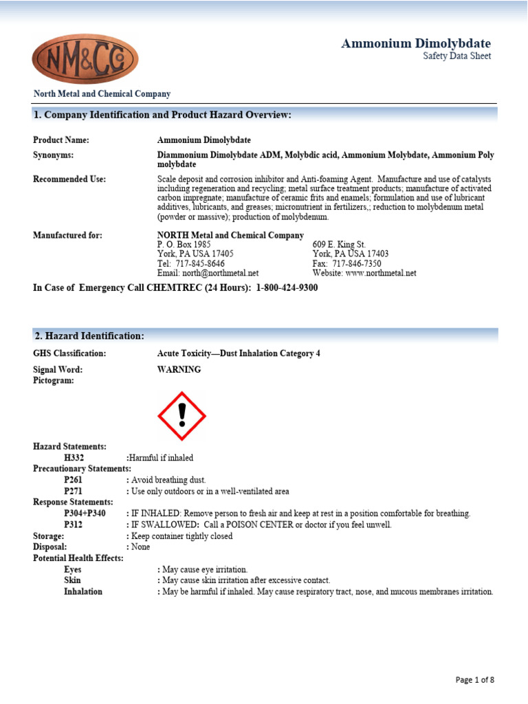 Ammonium Dimolybdate Safety Sheet | PDF | Personal Protective Equipment ...