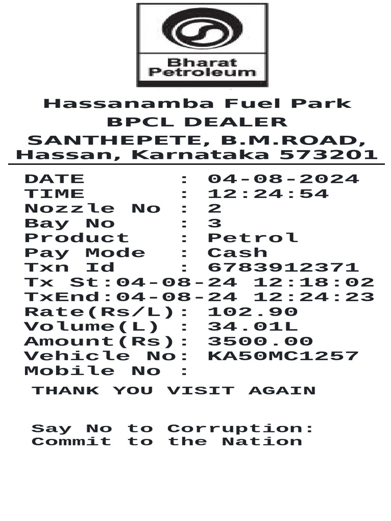 Petrol Receipt from Hassanamba Fuel Park | PDF