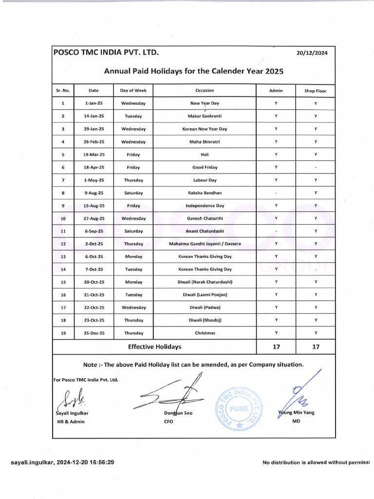 Paid Holiday List, 2025 | PDF