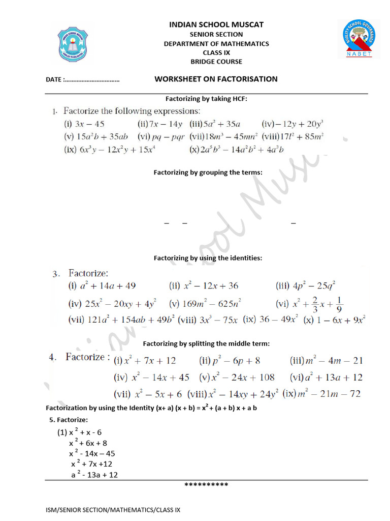 CLASS_IX_MATHEMATICS_FACTORISATION_BRIDGE COURSE WORKSHEET_5_2019-20 | PDF