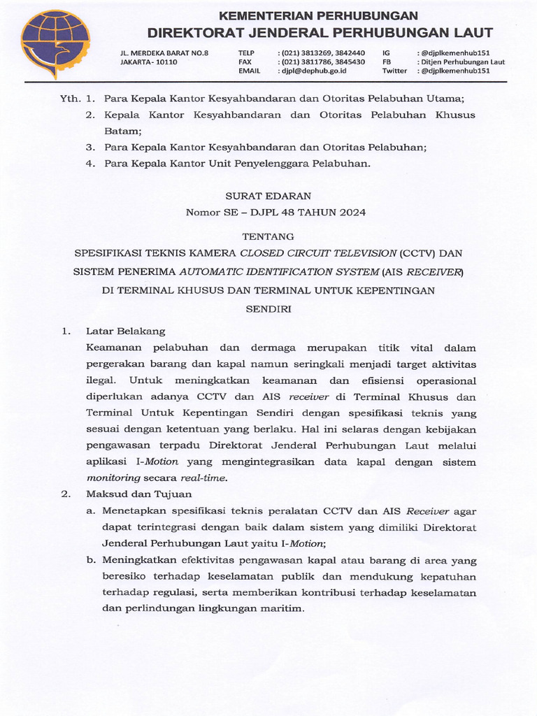 SE - DJPL 48 TAHUN 2024 Tentang Spesifikasi CCTV Dan AIS Di TERSUS Dan TUKS | PDF