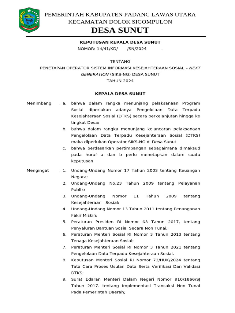 Format Baru SK Operator Siks-Ng Desa | PDF