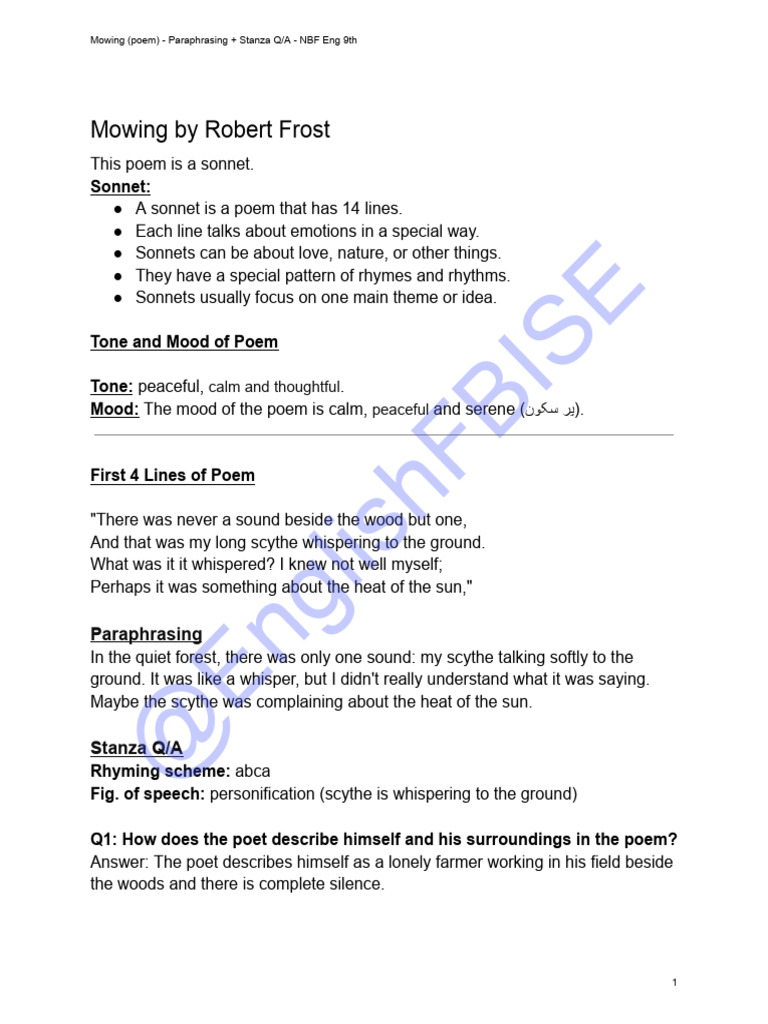 Mowing by Robert Frost | PDF | Poetry | Sonnets