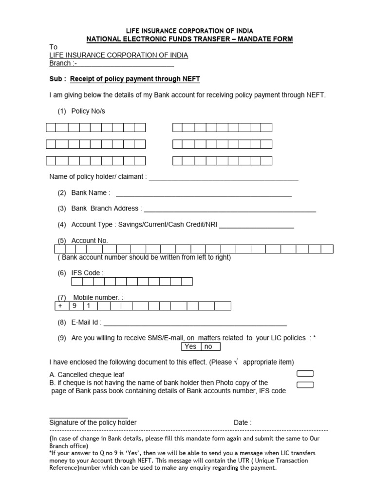 NEFT Mandate Form for LIC Payments | PDF