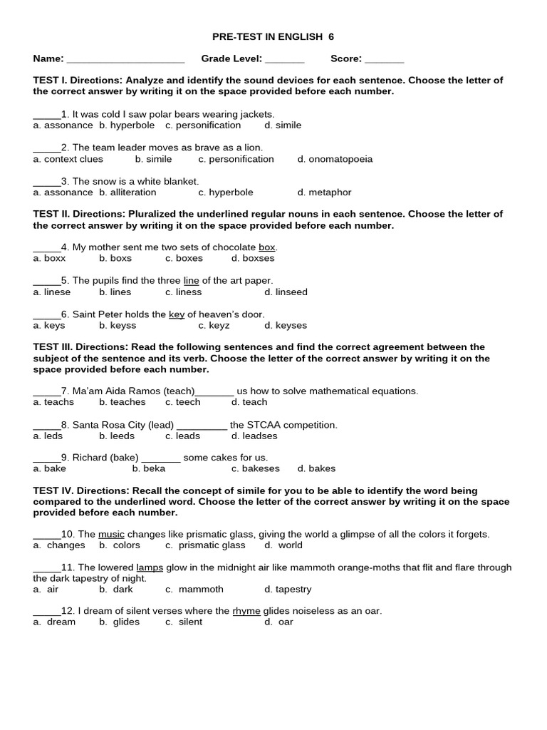PRE-TEST_ENGLISH 6 | PDF | Water | Water Pollution