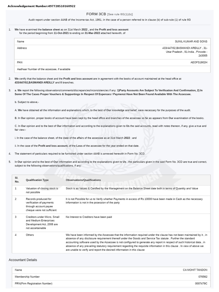 form 3CB-3CD 21-22 | PDF | Payments | Depreciation