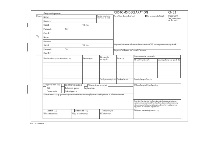 Customs Declaration Form CN 23 | PDF | Customs | Payments
