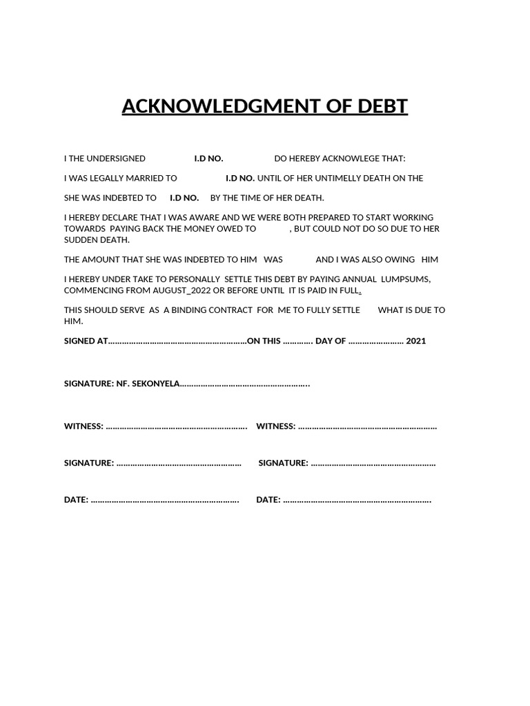 Acknowledgment of Debt Agreement | PDF