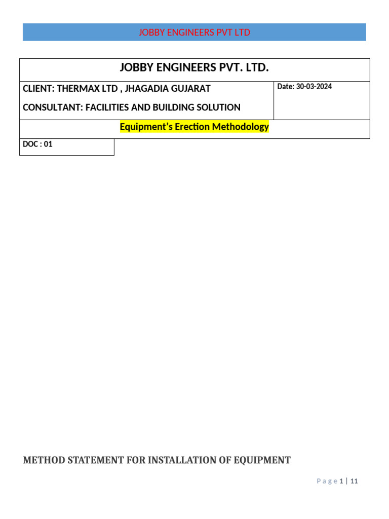 Equipment Installation Method Statement | PDF | Crane (Machine) | Safety
