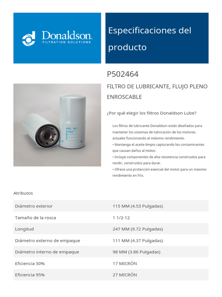 Especificaciones Del Producto: Filtro de Lubricante, Flujo Pleno ...