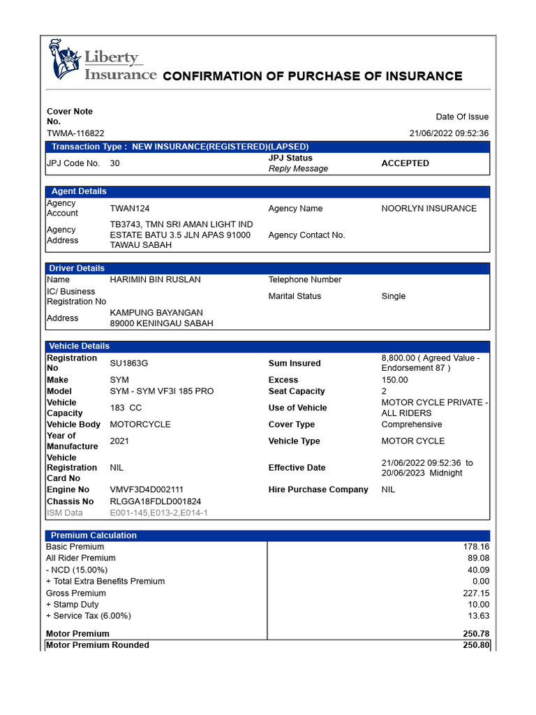 E-Hailing Insurance Cover Note Confirmation | PDF | Motorcycle | Vehicles