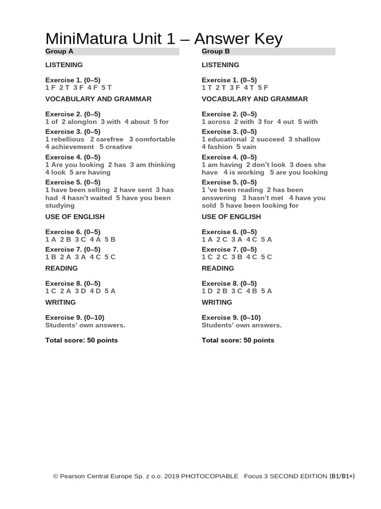 Focus3 2E MiniMatura Unit1 ANSWERS | PDF