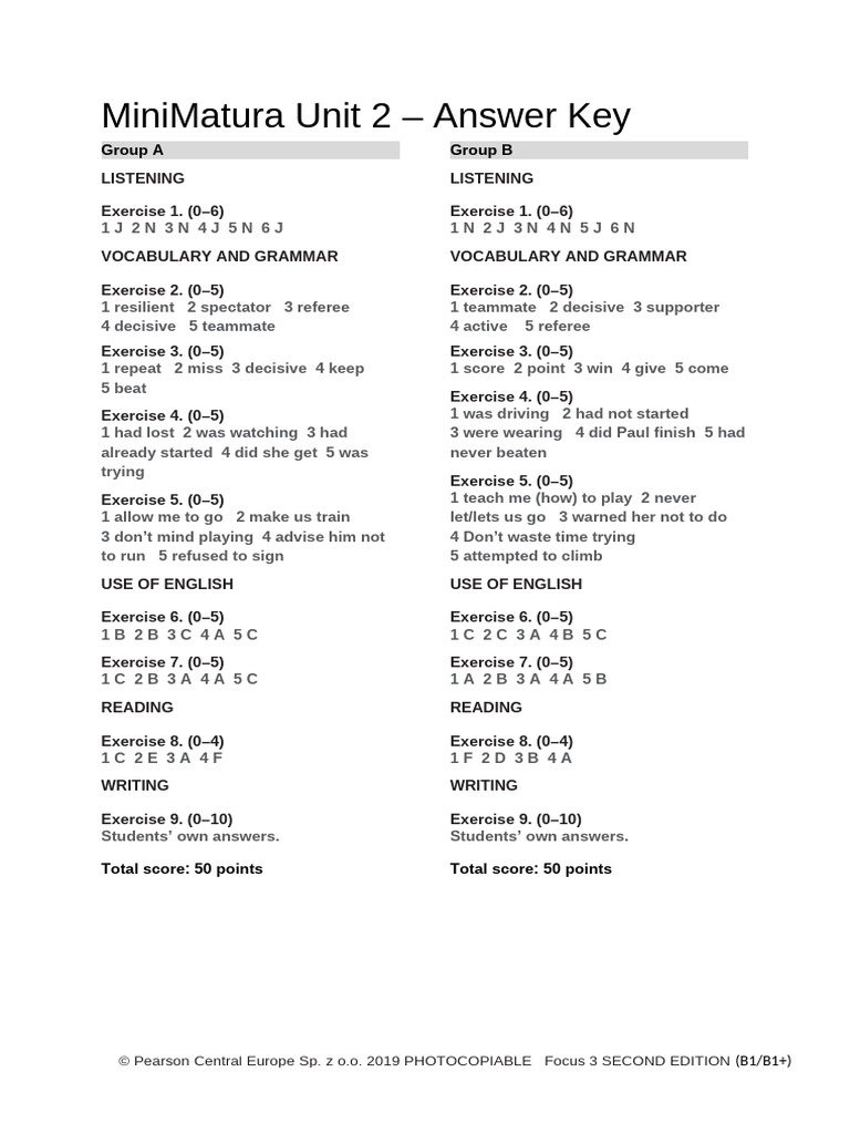Focus3 2E MiniMatura Unit2 ANSWERS | PDF