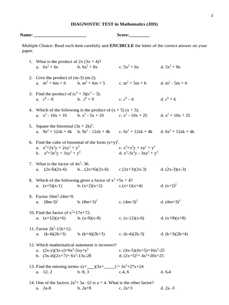 Diagnostic Teast for MATH JHS | PDF | Function (Mathematics) | Logic