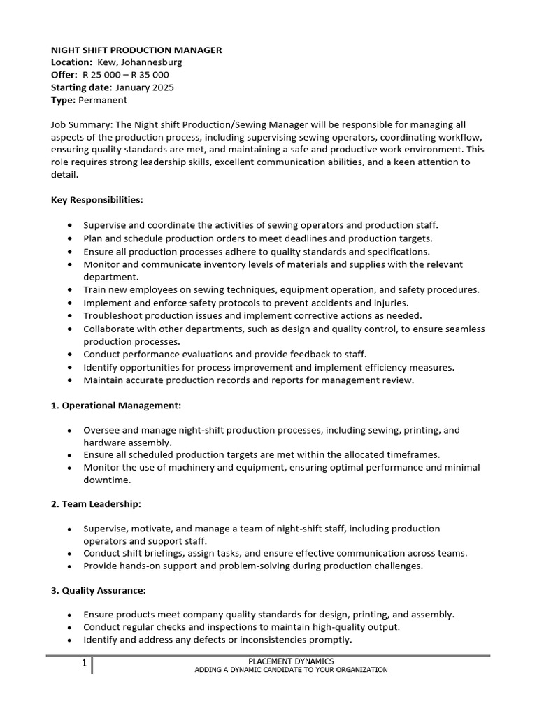 Night Shift Production Manager Role | PDF | Leadership | Occupational ...