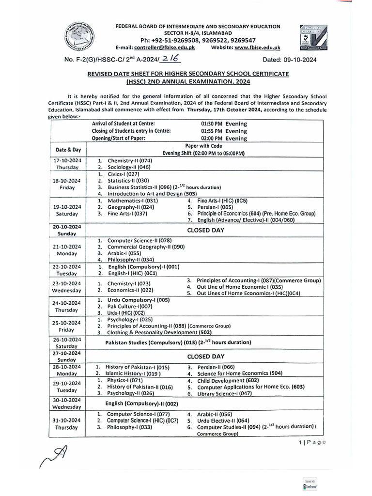 Revised Datesheet 2024 Hssc | PDF